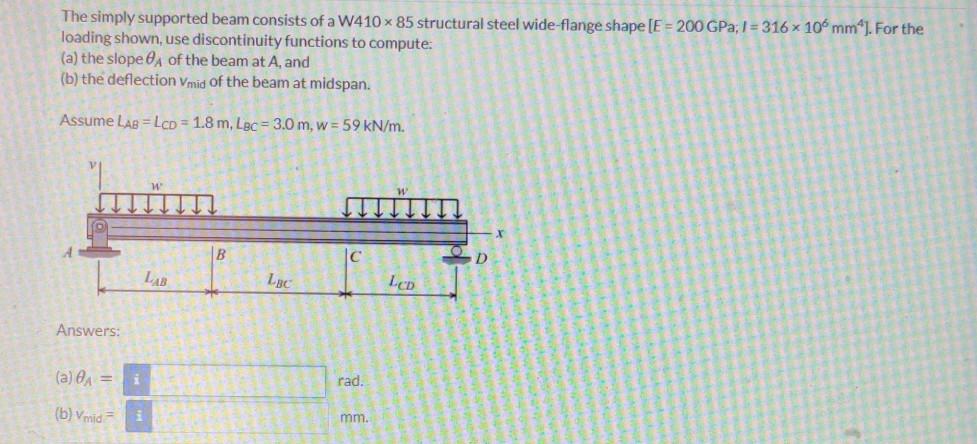 Solved The simply supported beam consists of a W410 x 85 | Chegg.com