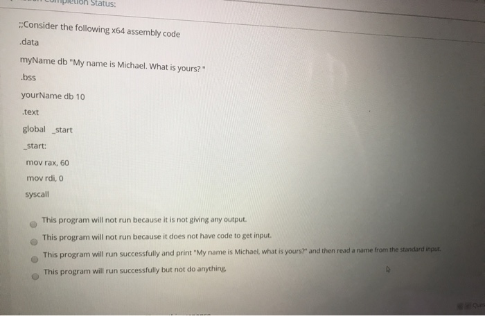 Solved Consider the following code line: mov rax 60 syscall | Chegg.com