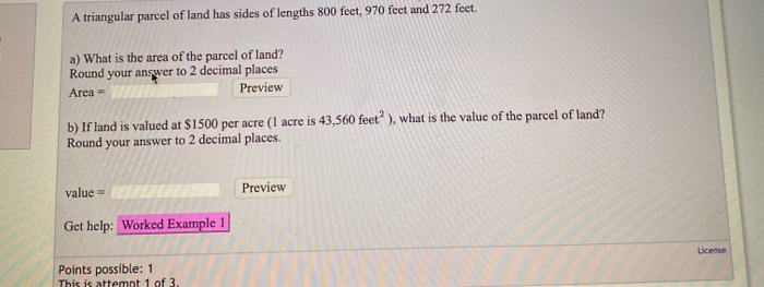 Solved A triangular parcel of land has sides of lengths 800 | Chegg.com