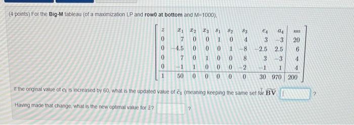 Solved (4 points) For the Big-M tableat (of a maximization | Chegg.com