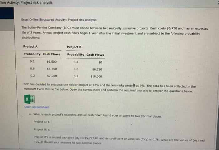 Solved line Activity. Project risk analysis Excel Online | Chegg.com