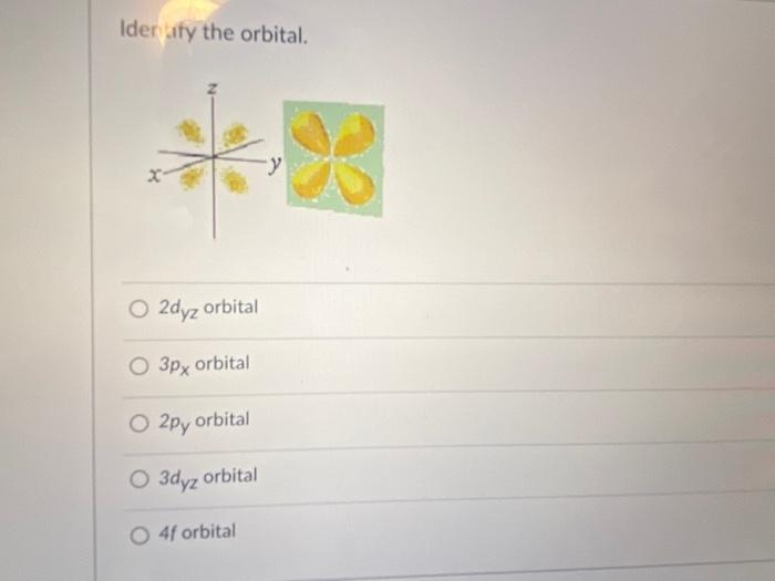 Solved Iderify the orbital. X 2dyz orbital O 3px orbital 2py | Chegg.com