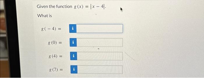 Solved Given the function g(x)=∣x−4∣. What is g(−4)= g(0)= | Chegg.com