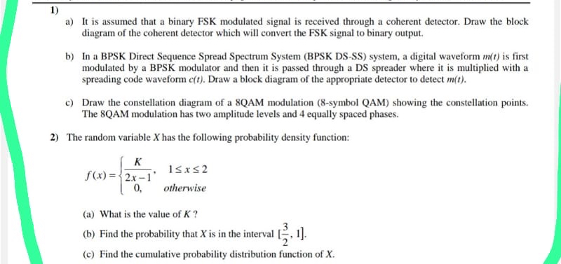 Solved a) ﻿It is assumed that a binary FSK modulated signal | Chegg.com