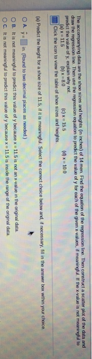 Solved The accompanying data are the shoe sizes and heights | Chegg.com