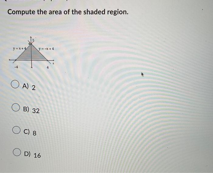 Solved Compute the area of the shaded region. A) 2 B) 32 C) | Chegg.com