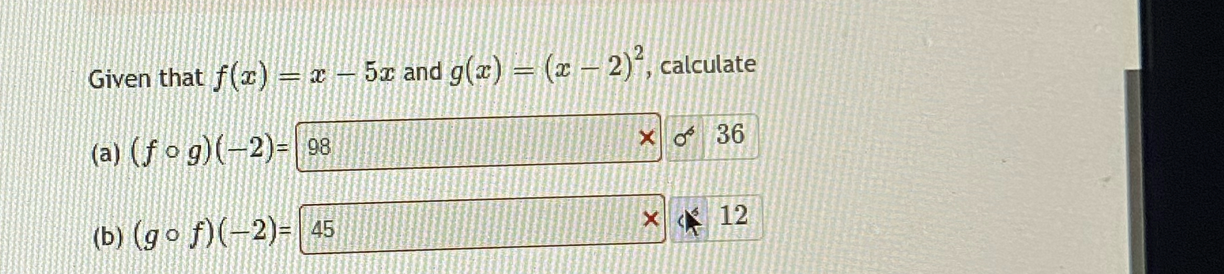 Solved Given that f(x)=x-5x ﻿and g(x)=(x-2)2, | Chegg.com