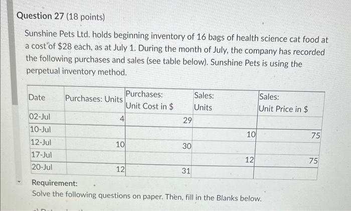 Solved Question 27 (18 points) Sunshine Pets Ltd. holds | Chegg.com