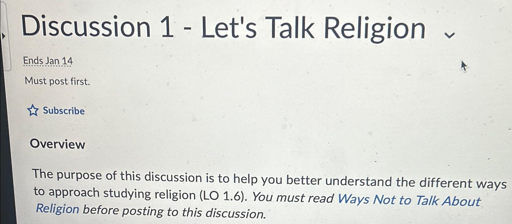 Solved Discussion 1 - ﻿Let's Talk ReligionEnds Jan 14Must | Chegg.com