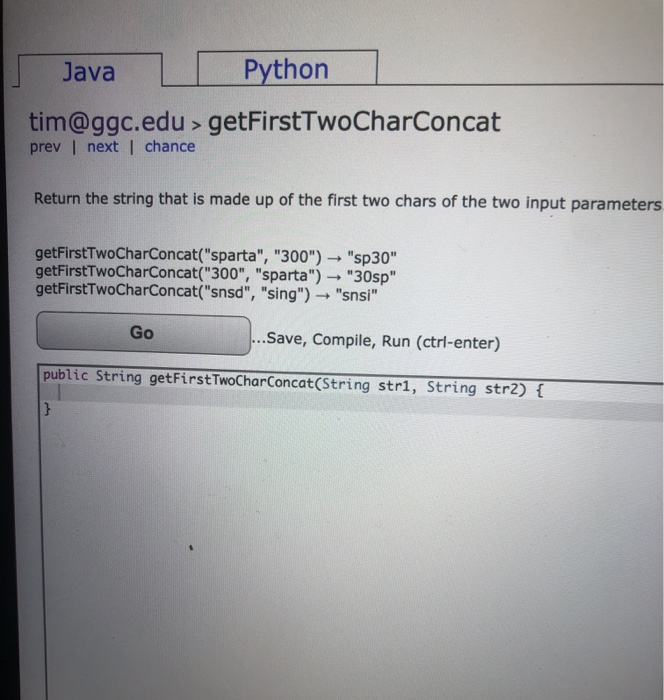 Solved Java Python Tim Getfirsttwocharconcat Prev 0010
