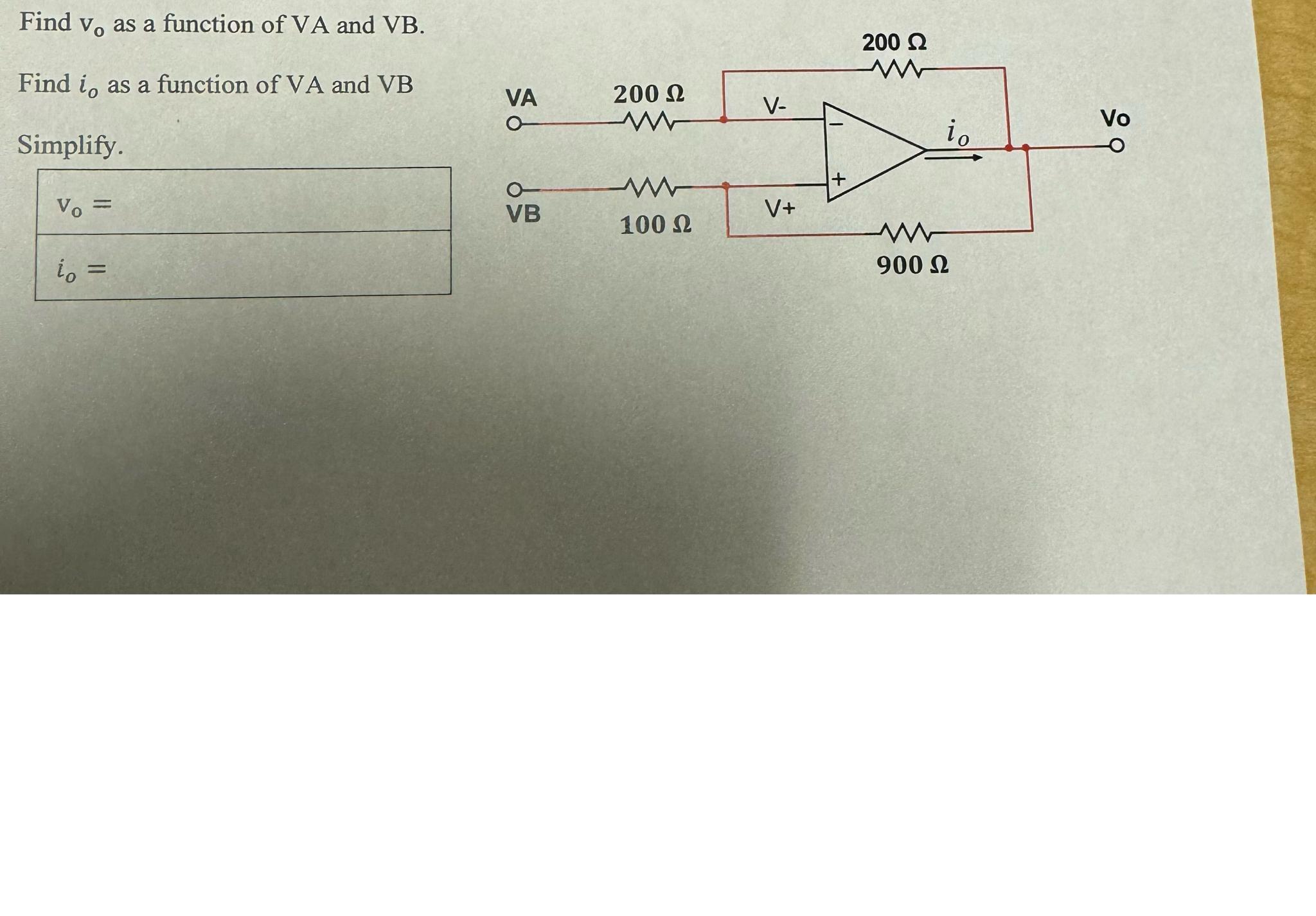 Solved Find v0 ﻿as a function of VA ﻿and VB.Find io ﻿as a | Chegg.com