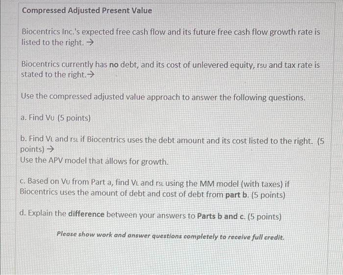 Compressed Adjusted Present Value Biocentrics Inc.'s | Chegg.com