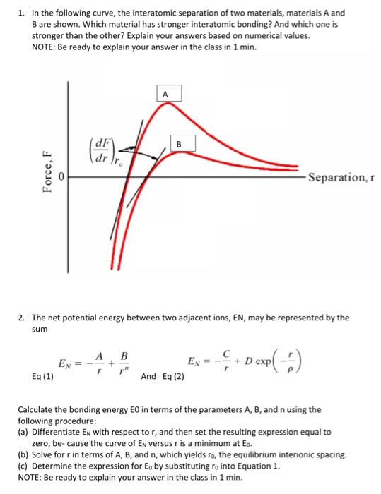 Solved 1. In the following curve, the interatomic separation | Chegg.com