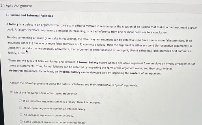 Solved 3.1 Aplia Assignment 1. Formal and Informal Fallacies | Chegg.com