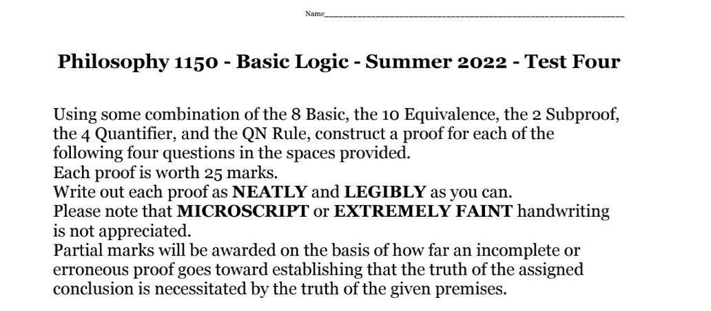 Solved Philosophy 1150 - Basic Logic - Summer 2022 - Test | Chegg.com
