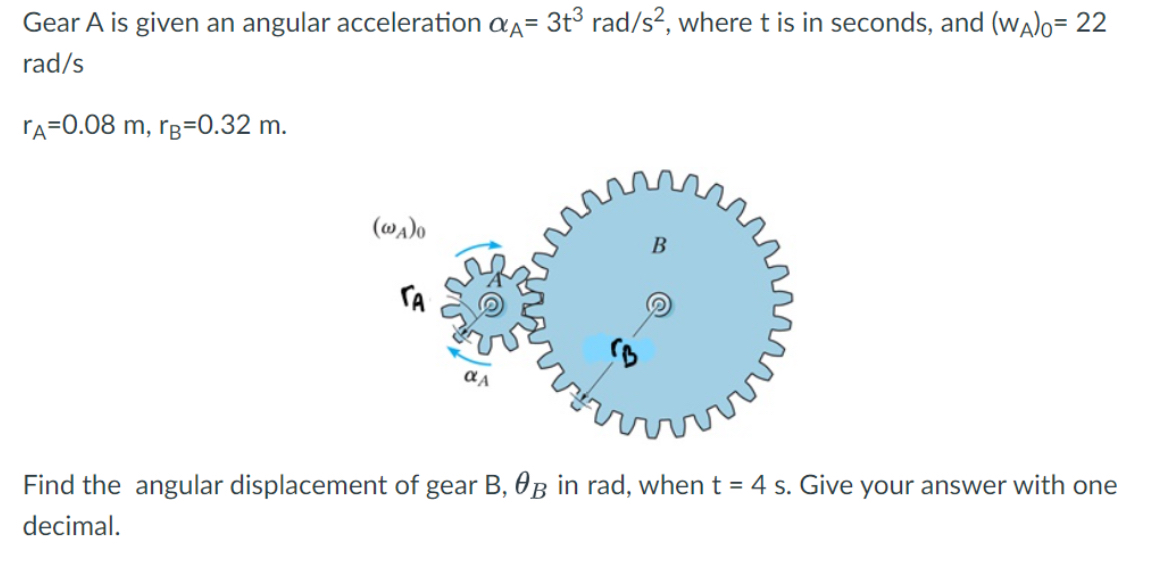 Solved Gear A ﻿is given an angular acceleration αA=3t3rads2, | Chegg.com