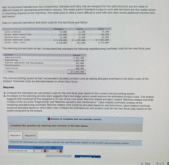 Solved Hall, Incorporated manufactures two components, | Chegg.com