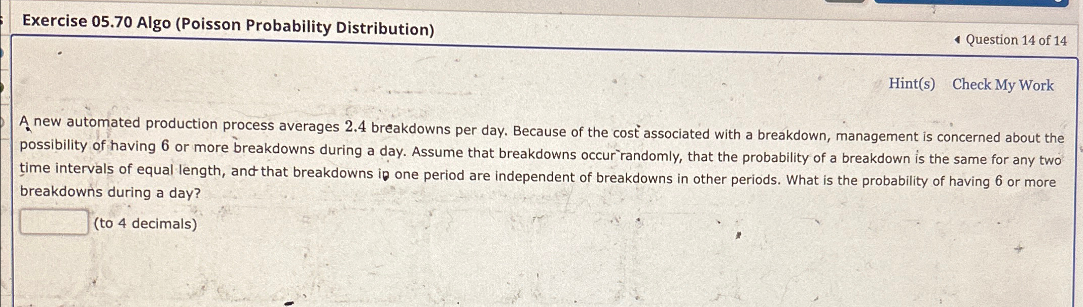 Solved Exercise 05.70 ﻿Algo (Poisson Probability | Chegg.com