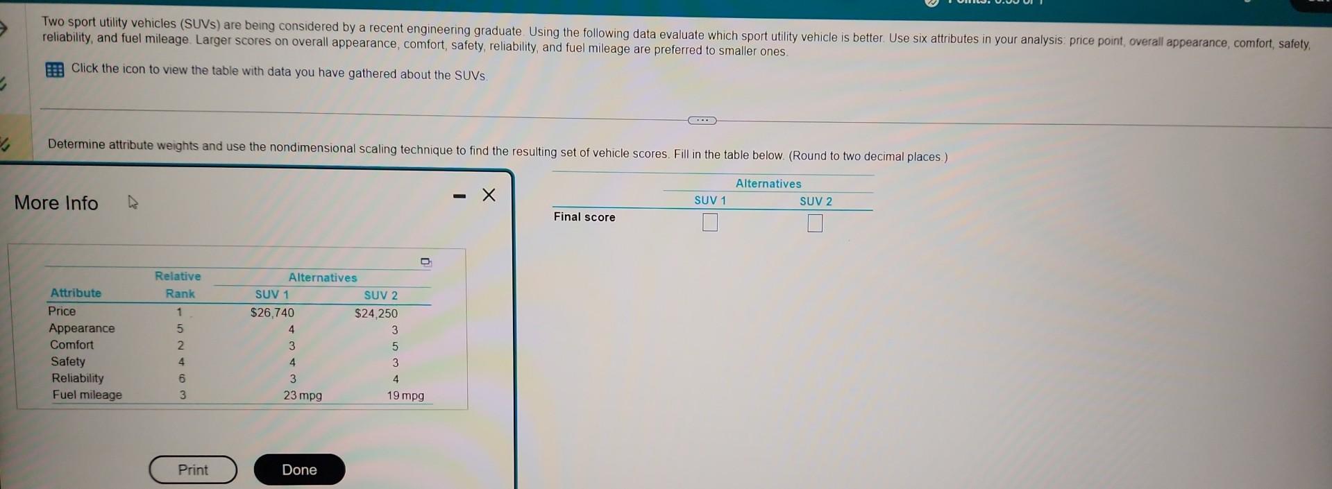 Solved reliability, and fuel mileage. Larger scores on | Chegg.com