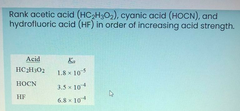 Solved Rank acetic acid (HC2H302), cyanic acid (HOCN), and | Chegg.com