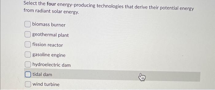 Solved Select the four energy-producing technologies that | Chegg.com