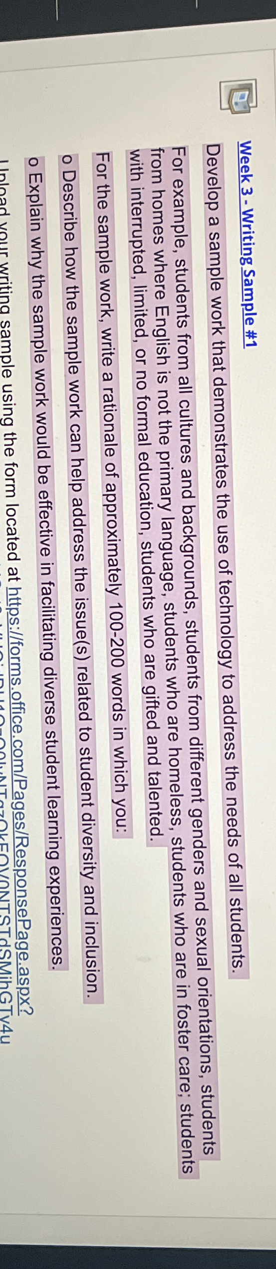 Solved Week 3 - ﻿Writing Sample #1Develop a sample work that | Chegg.com