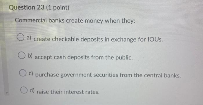 Solved Question 23 (1 point) Commercial banks create money | Chegg.com