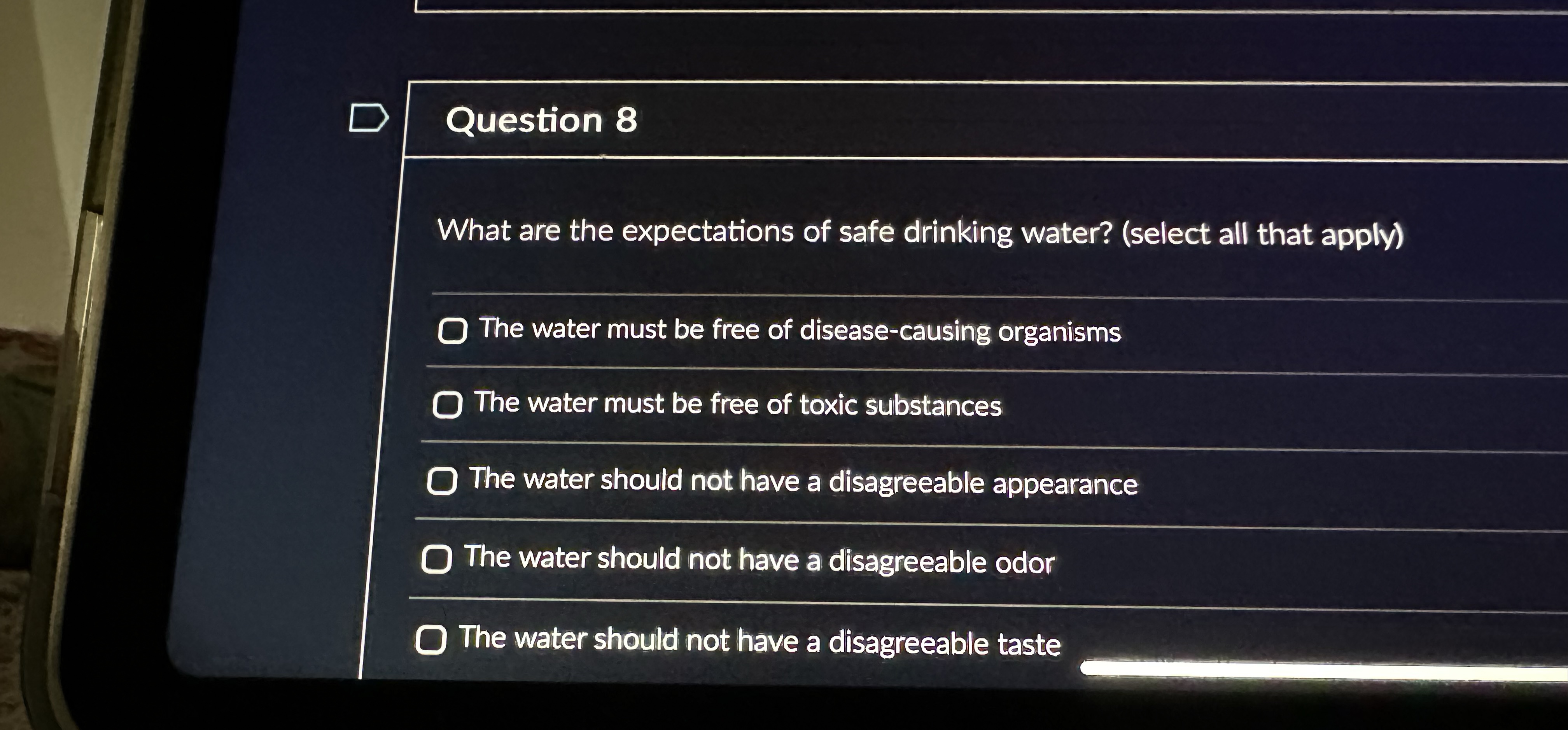 Solved Question 8What are the expectations of safe drinking | Chegg.com