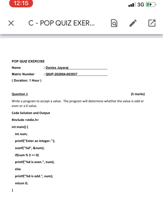 Solved 12:15 J 3G 64 Х C - POP QUIZ EXER... POP QUIZ | Chegg.com