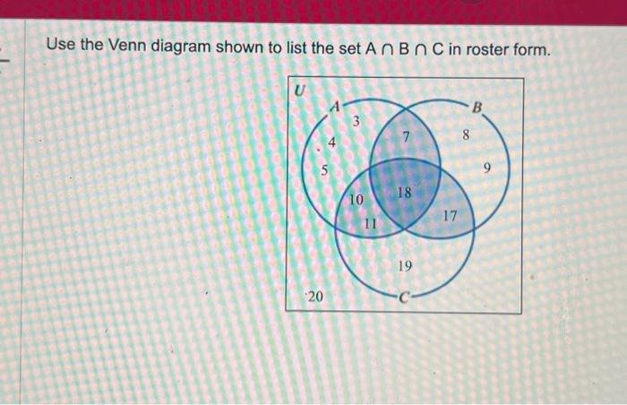 Solved Use the Venn diagram shown to list the set AnBn C in | Chegg.com