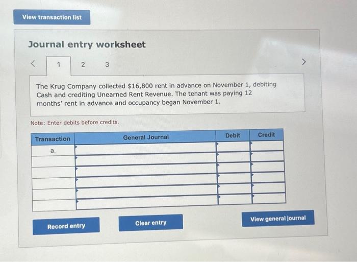 Solved View transaction list Journal entry worksheet 1 2 The | Chegg.com