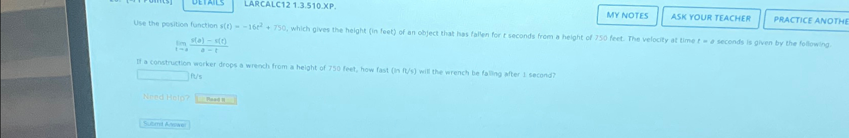 Solved LARCALC12 1.3.510.XP.Use the position function | Chegg.com