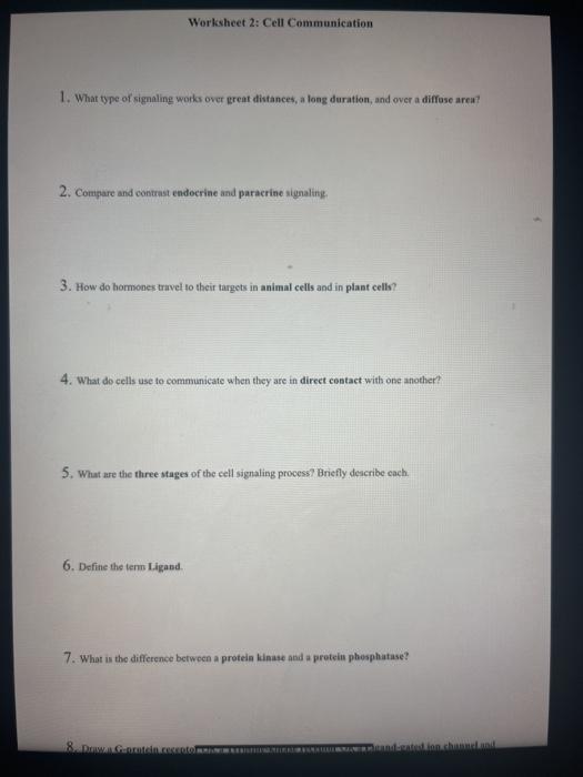 Solved Worksheet 2: Cell Communication 1. What type of | Chegg.com