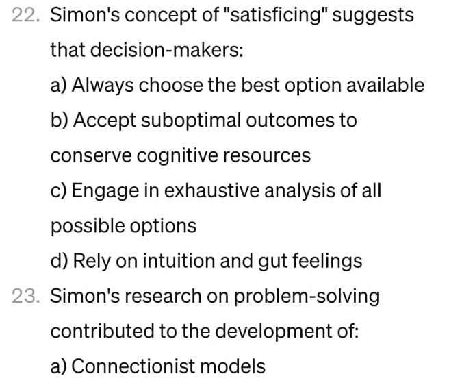 Solved Simon's concept of "satisficing" suggests that | Chegg.com
