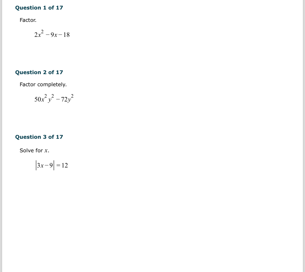 Solved Question 1 ﻿of 17Factor.2x2-9x-18Question 2 ﻿of | Chegg.com
