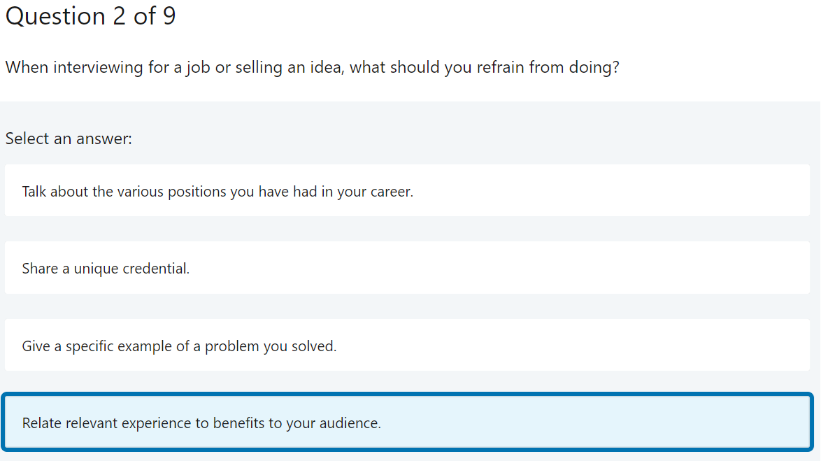 Solved Question 2 ﻿of 9When interviewing for a job or | Chegg.com