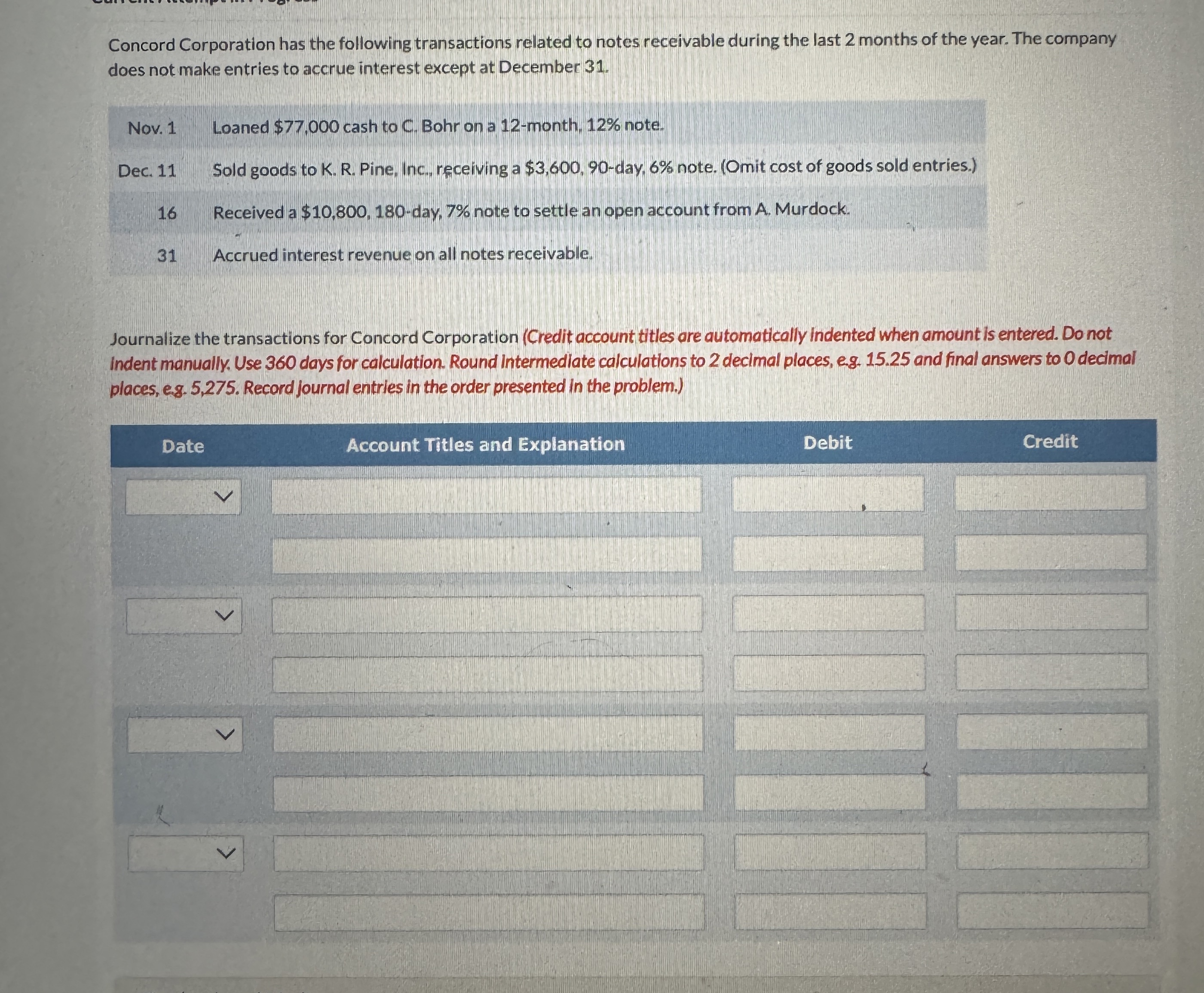 Solved Concord Corporation has the following transactions | Chegg.com