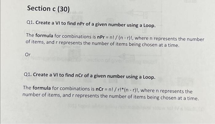 Solved Section c (30) Q1. Create a VI to find nPr of a given | Chegg.com