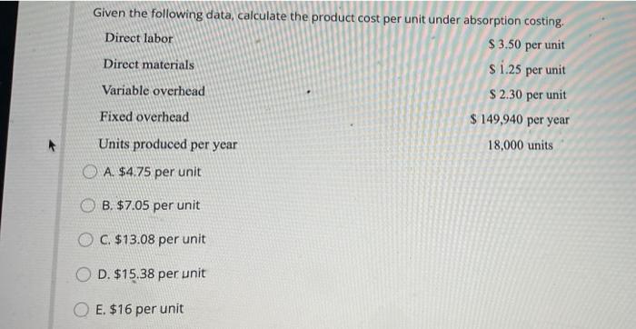 Solved Given the following data, calculate the product cost | Chegg.com