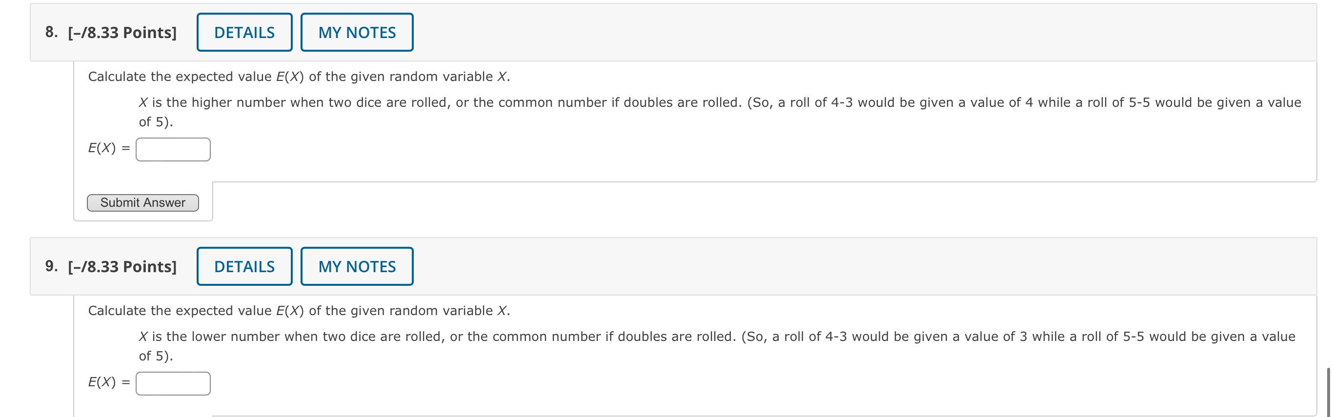 Solved by an EXPERT [-/8.33 ﻿Points]Calculate the expected value E(x) ﻿of | Chegg.com