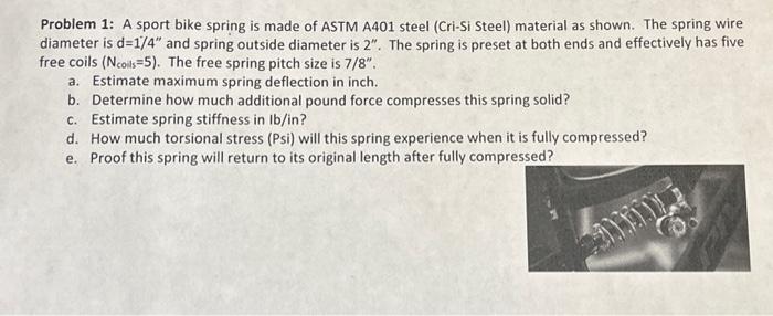 Solved Problem 1: A sport bike spring is made of ASTM A401 | Chegg.com