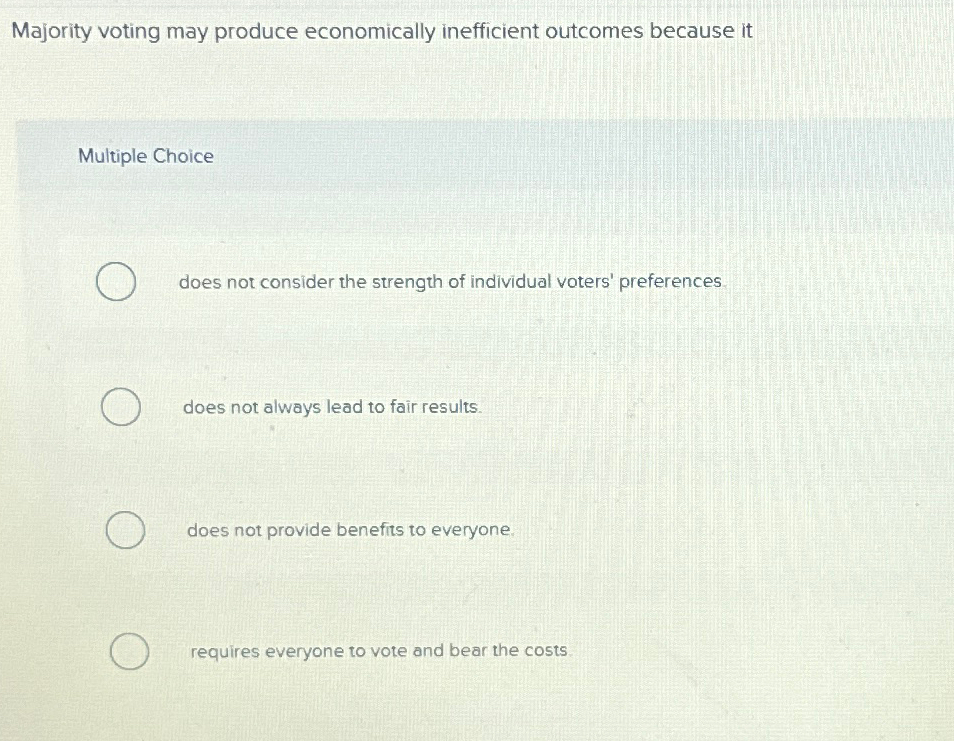 Solved Majority voting may produce economically inefficient | Chegg.com