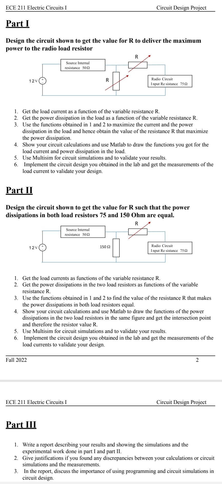 Solved ECE 211 Electric Circuits I Circuit Design Project | Chegg.com