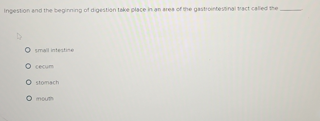 Solved Ingestion and the beginning of digestion take place | Chegg.com