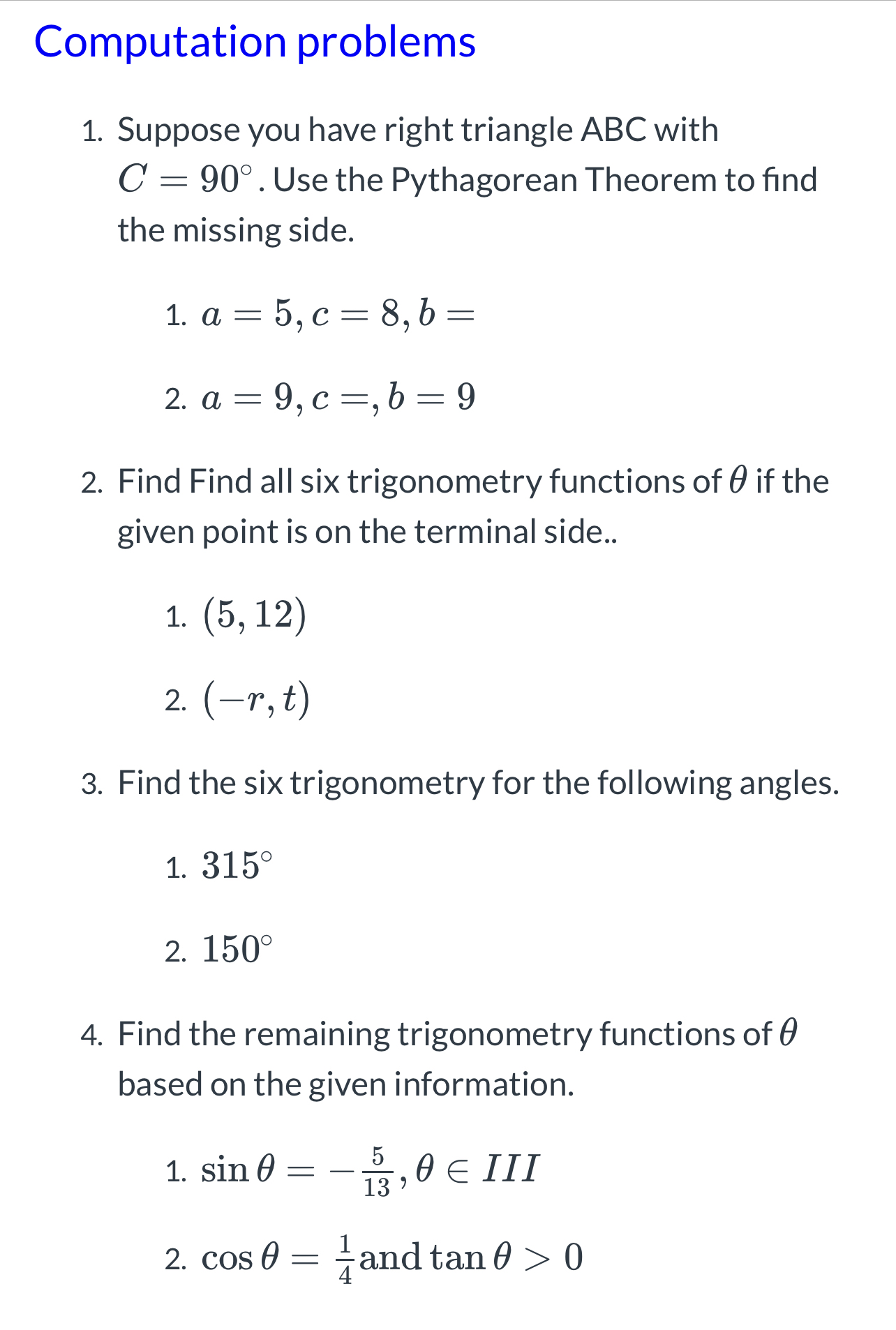 Solved Computation problemsSuppose you have right triangle | Chegg.com