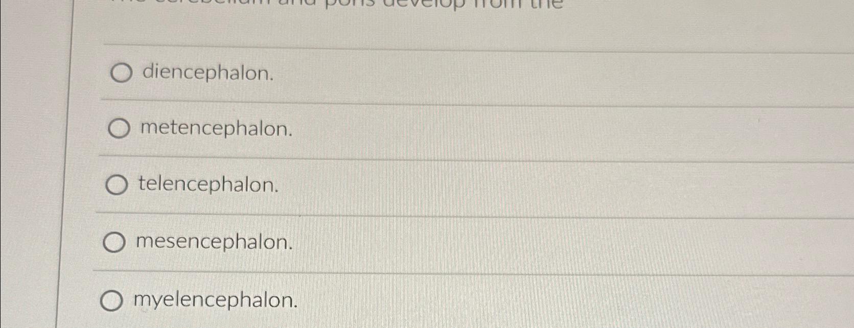 Solved diencephalon.metencephalon.telencephalon.mesencephalo | Chegg.com