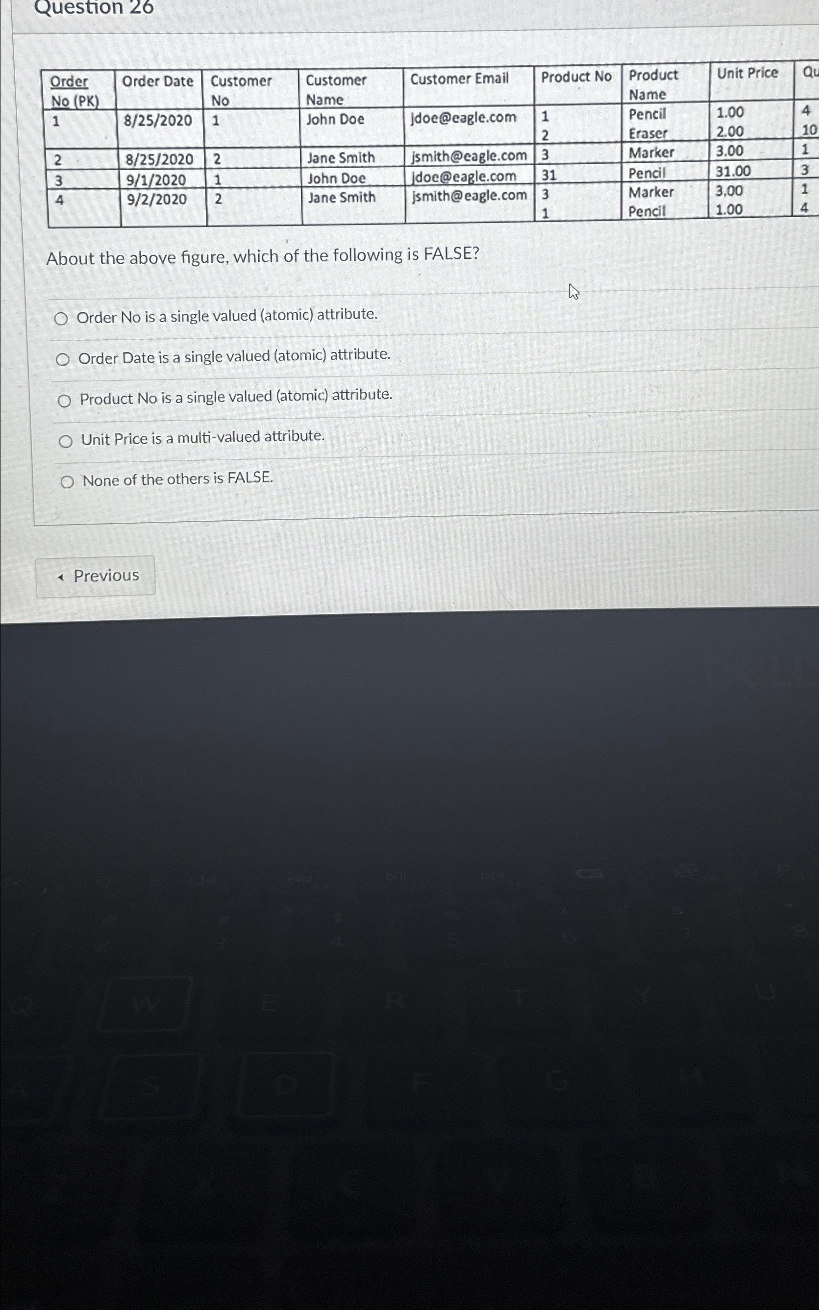 Solved Question 26\table[[\table[[Order],[No (PK)]],Order | Chegg.com