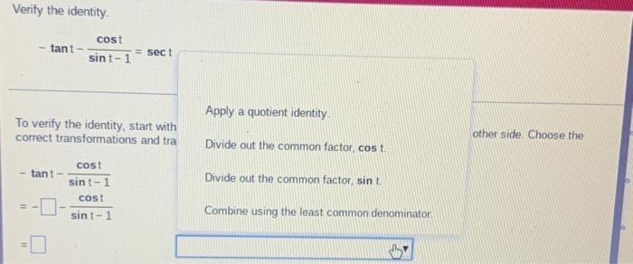 Solved Verify the identity. −tant−sint−1cost=sect To verify | Chegg.com
