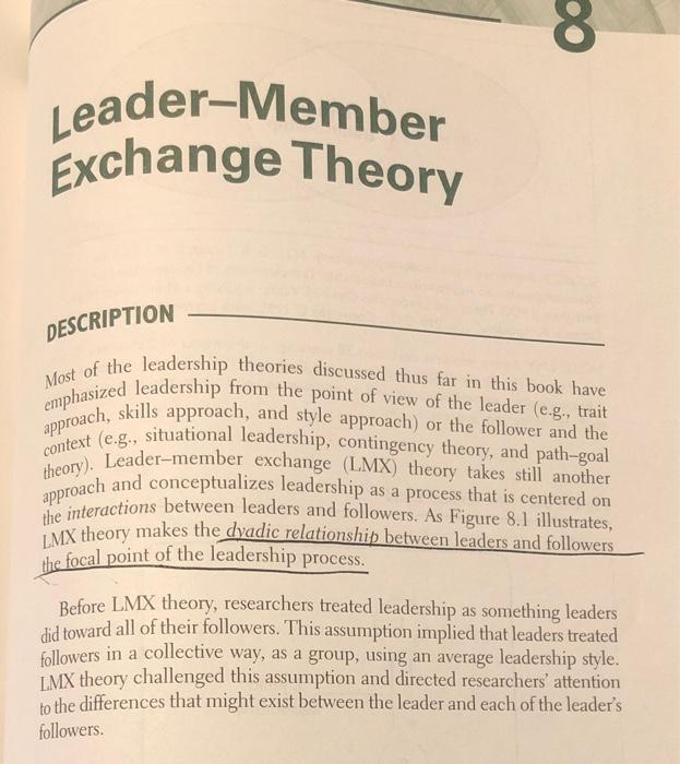 Solved 8 Leader-Member Exchange Theory DESCRIPTION Most of | Chegg.com