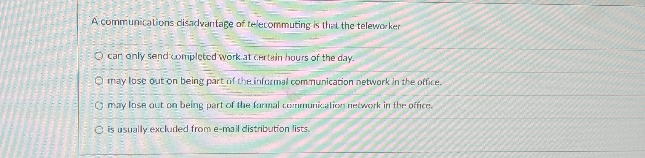Solved A communications disadvantage of telecommuting is | Chegg.com